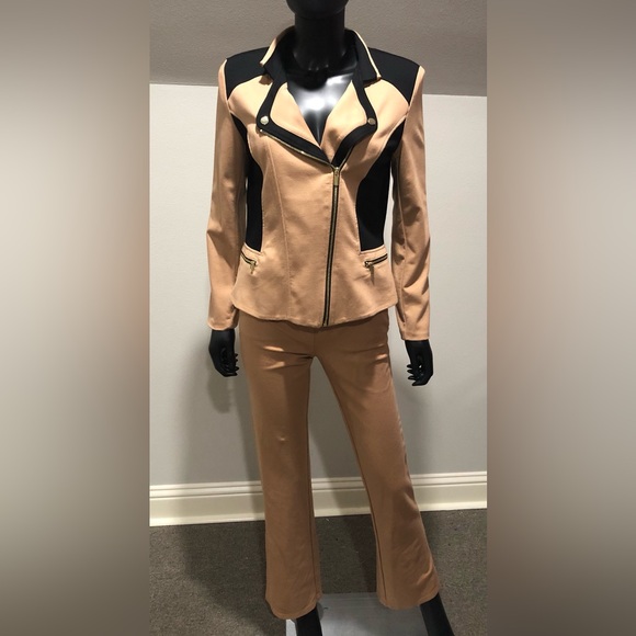 IMAN | Pants & Jumpsuits | Iman Global Moto Blazer Camel Brown Black ...
